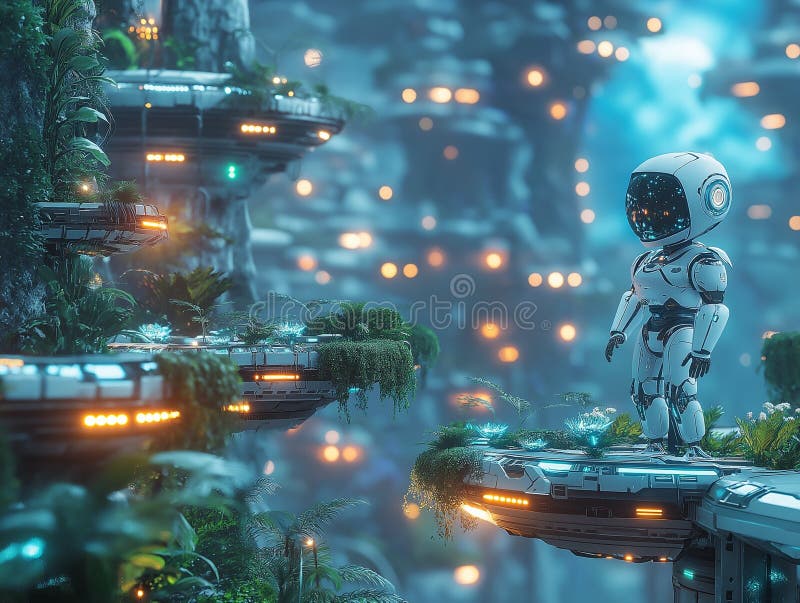 Futuristic Robot Exploring a Sci-Fi Floating Garden City Stock ...