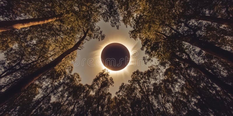 A Breathtaking View of a Solar Eclipse Framed by Tall Trees. the Dark ...