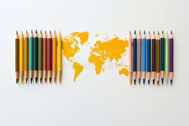 Colored Pencils with World Map on White Background. Top View Ai ...