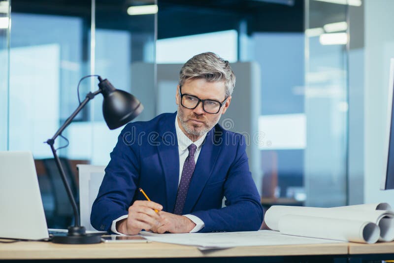 Experienced Architect Designer Head Working on Projector Portrait Close ...