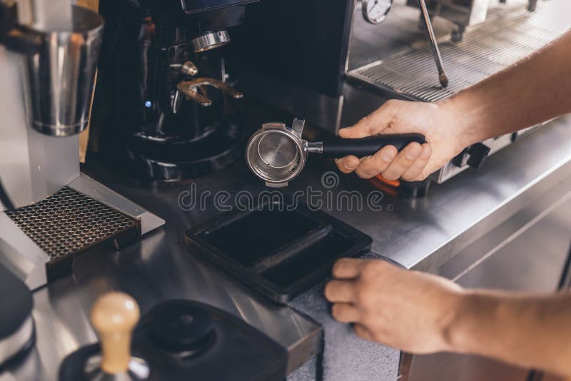 Experienced Barista Cleaning Filter Holder after Using it Stock Image ...
