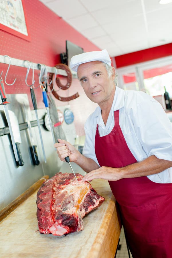 Experienced Chef Cutting Beef Stock Photo - Image of meat, preparation ...