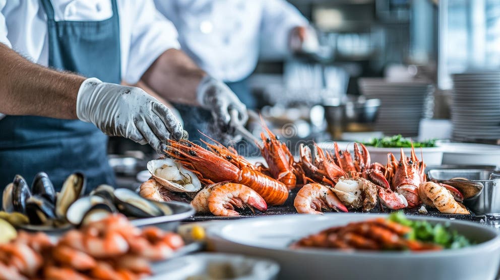 Experienced Chefs Craft a Delectable Shellfish Platter Using Fresh Seafood in a Bustling ...