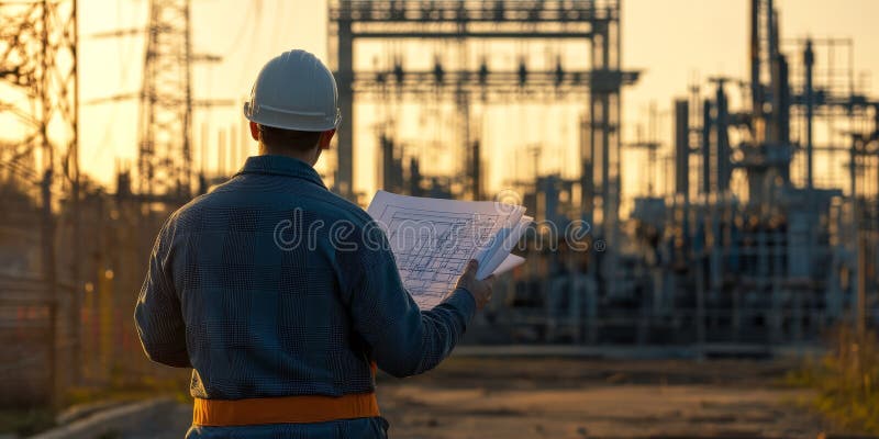An Electrical Engineer is Diligently Reviewing the Blueprints at the ...