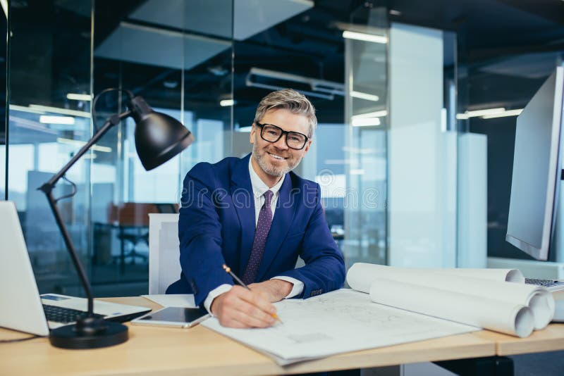 Experienced Gray-haired Designer Architect, Smiling and Looking at ...