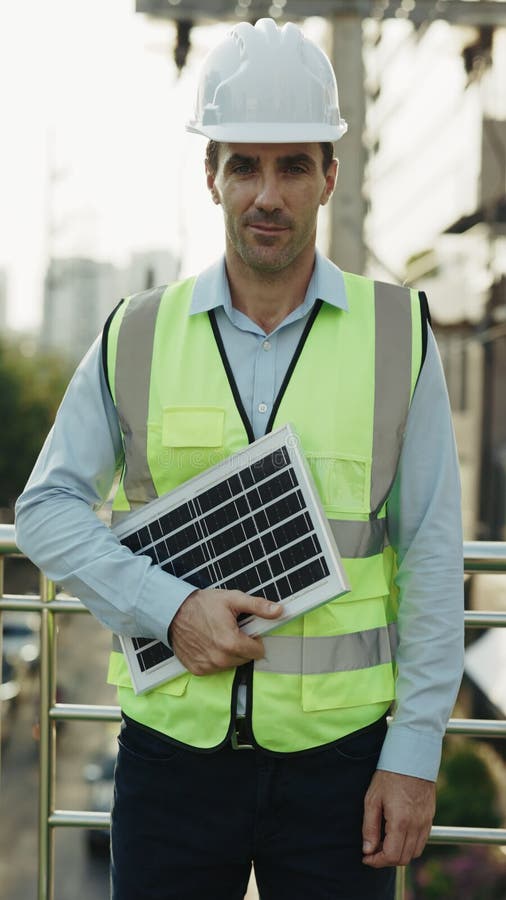 Experienced Man Engineer in Hardhat Holds Solar Panel Looking at Camera ...