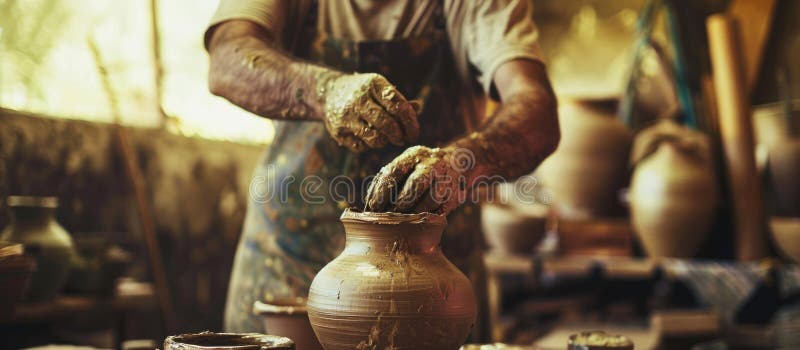 Experienced Potter Creates Clay Pottery, Showcasing Skill and ...