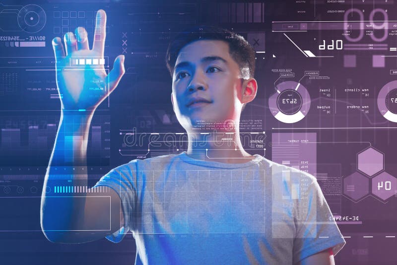 Experienced Programmer Working in His Modern Office and Touching a Device Stock Image - Image of ...