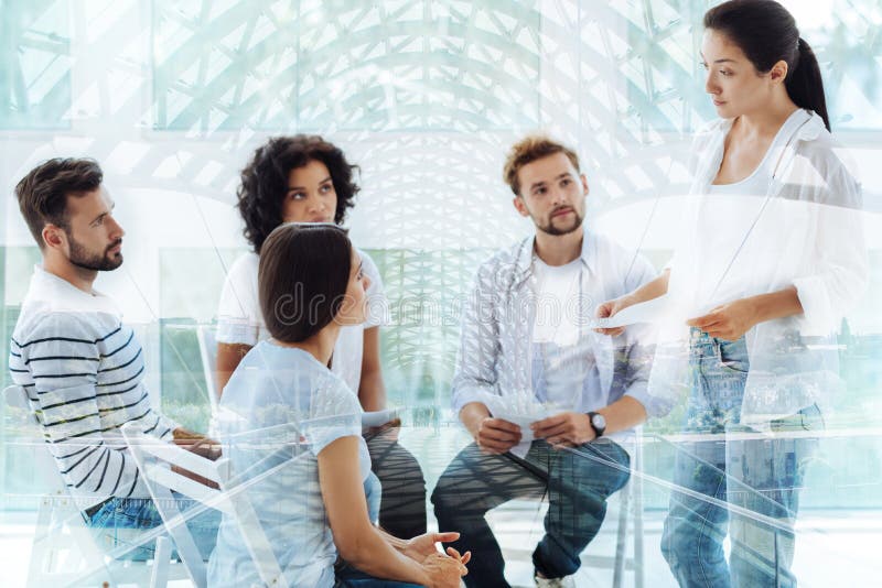 Experienced Psychologist Talking with Clients Stock Photo - Image of ...