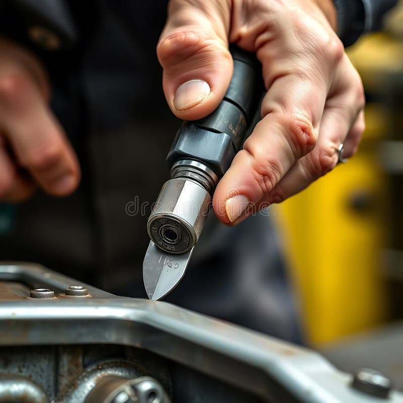 An Experienced Worker Using a Deburring Tool on a Piece of Automotive ...