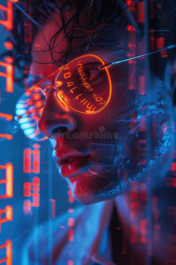 Experiencing Augmented Reality with Neon Light Reflections Stock Photo ...