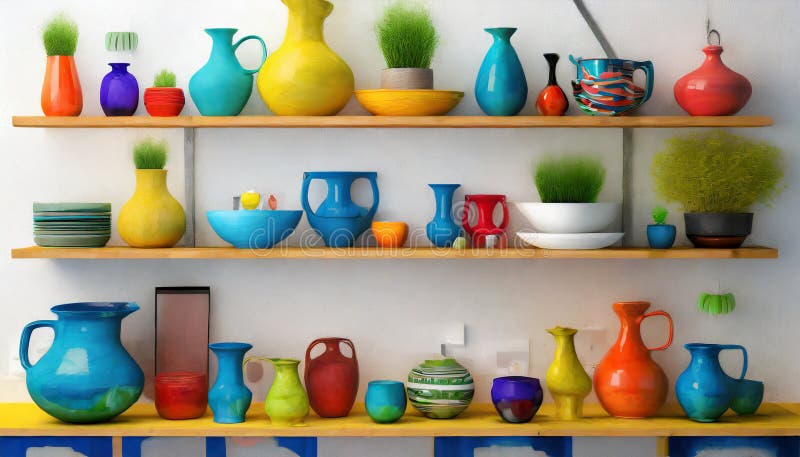 Experimental Pottery Shelf with Colorful Objects - 3d Render Stock ...
