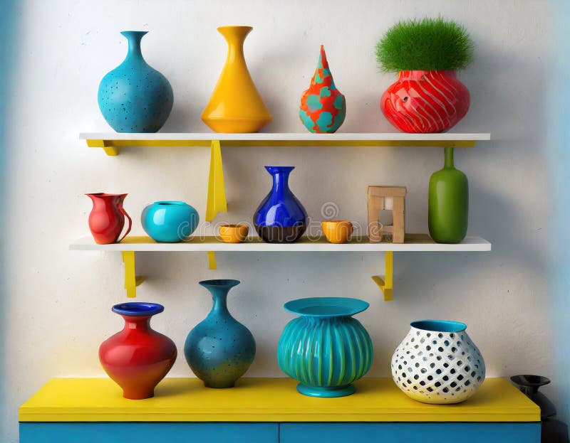 Experimental Pottery Shelf with Colorful Objects - 3d Render Stock ...