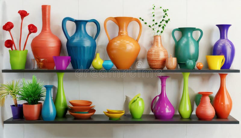 Experimental Pottery Shelf with Colorful Objects - 3d Render Stock ...