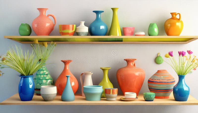Experimental Pottery Shelf with Colorful Objects - 3d Render Stock ...