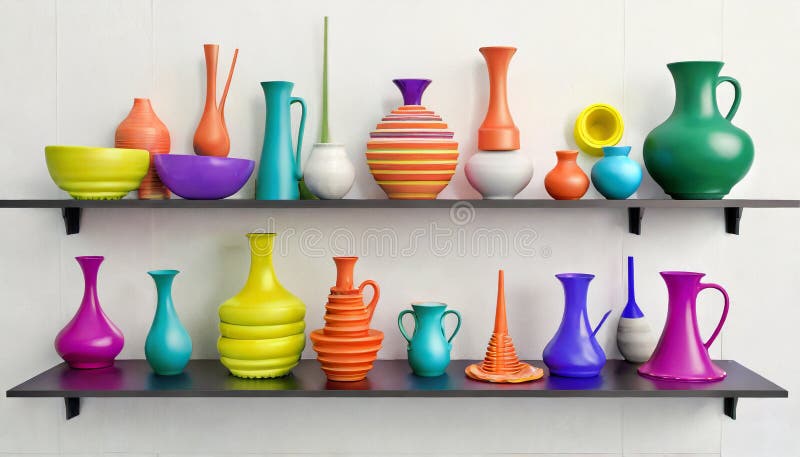 Experimental Pottery Shelf with Colorful Objects - 3d Render Stock ...