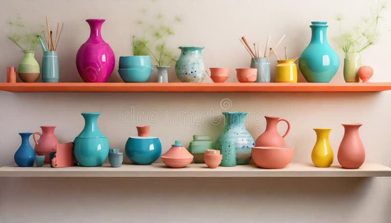 Experimental Pottery Shelf with Colorful Objects - 3d Render Stock ...