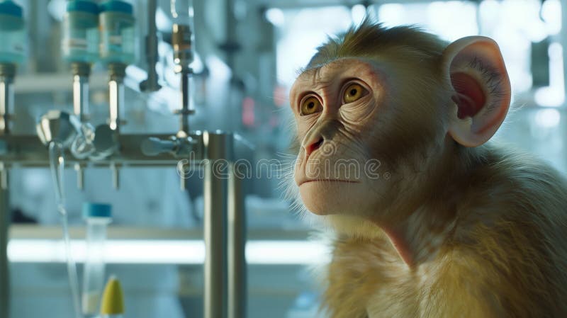 Experiments on Animals. a Macaque is Sitting in a Scientific Laboratory ...