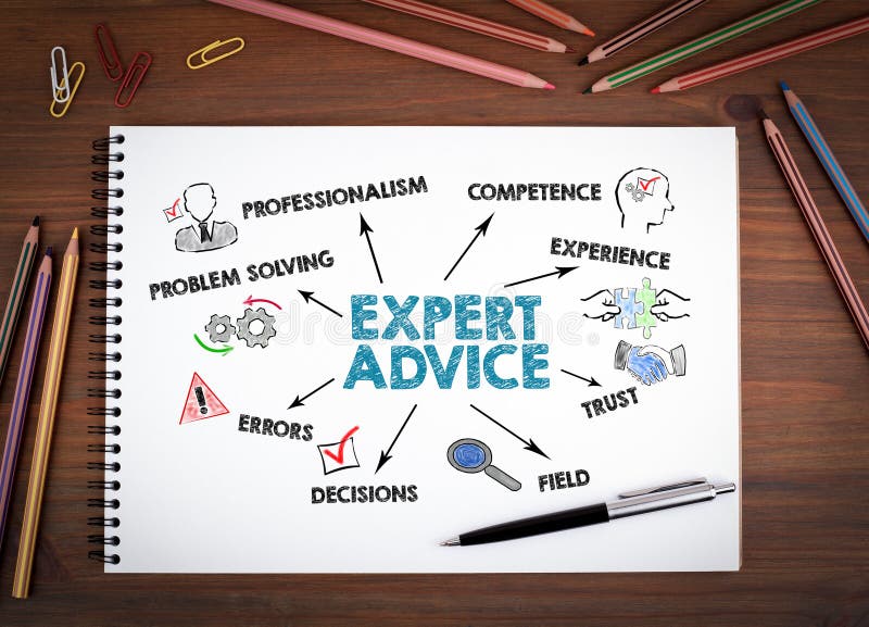 Expert Advice. Notebooks, Pen and Colored Pencils on a Wooden Table ...