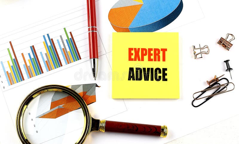 EXPERT ADVICE Text on Yellow Sticky on Chart with Magnifier and Pen ...