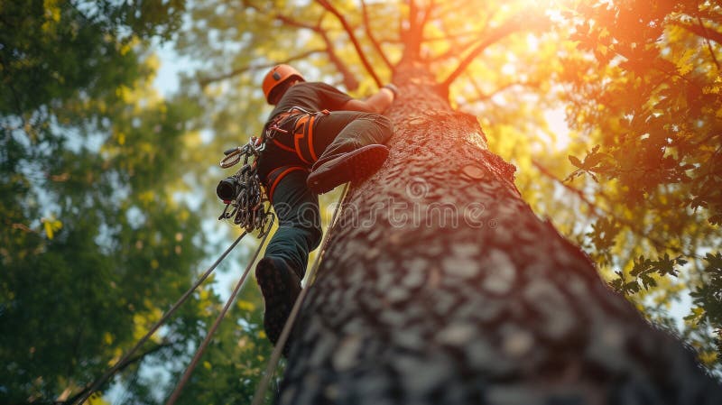 An Expert Arborist Climbing a Towering Tree To Perform Maintenance on ...