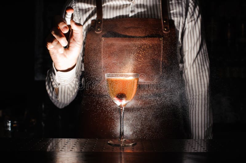 Expert Barman is Spraying on Cocktail Stock Image - Image of business ...