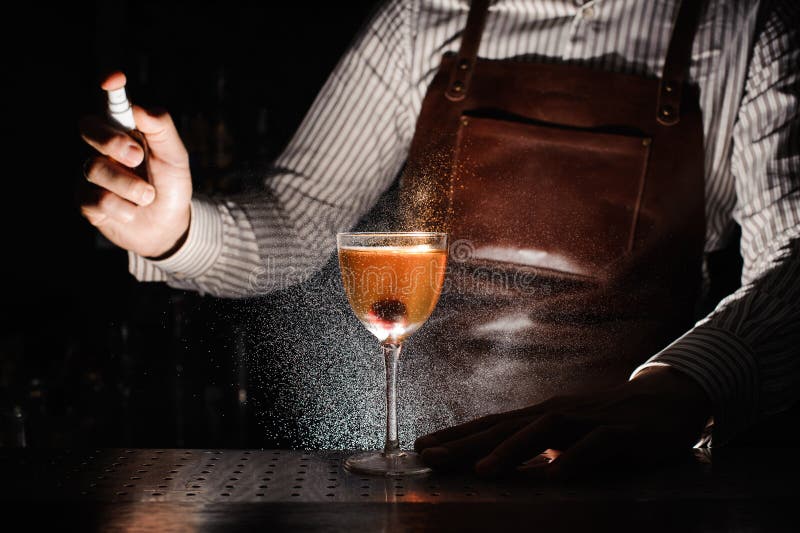 Expert Barman is Spraying on Cocktail Stock Photo - Image of handsome ...