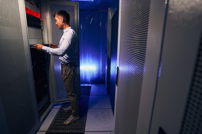 Expert Caucasian System Administrator Doing Hardware Refresh Stock ...