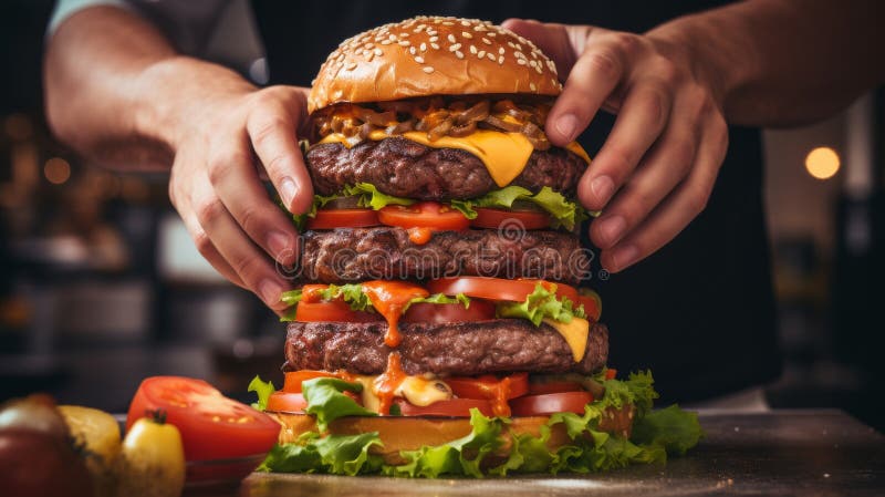 Expert Chef Assembling Multi-patty Burger, Close-up Stock Illustration ...