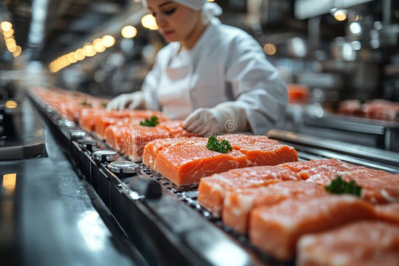 Expert Chef Prepares Fresh Salmon Fillets on the Assembly Line in a ...