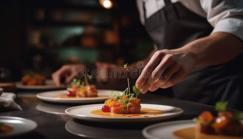 Expert Chef Prepares Gourmet Meal in Commercial Kitchen for Fine Dining ...