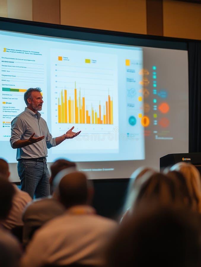 An Expert Confidently Presents Data Insights, Engaging the Audience with Detailed Charts and ...
