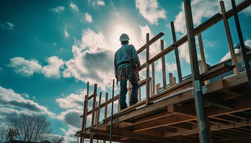 Expert Construction Worker in Hardhat Plans Building with Blueprint ...