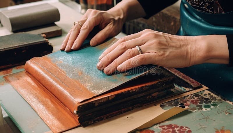 Expert Craftsman Holding Handmade Leather Book in Close Up Workshop ...