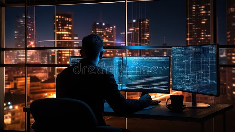 Expert in Cybersecurity Seated with Code on Screen Stock Illustration ...