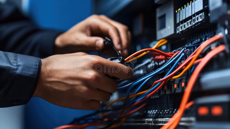 Electrician Skillfully Connects Colored Wires in a Busy Control Panel ...