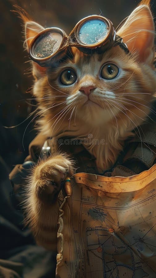 Expert Explorer Cat, Map in Paw, Cute Gear on, Adventurous Twinkle ...