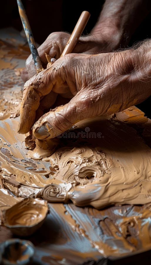Expert Hands Sculpting Clay in an Art Studio Surrounded by Tools and ...