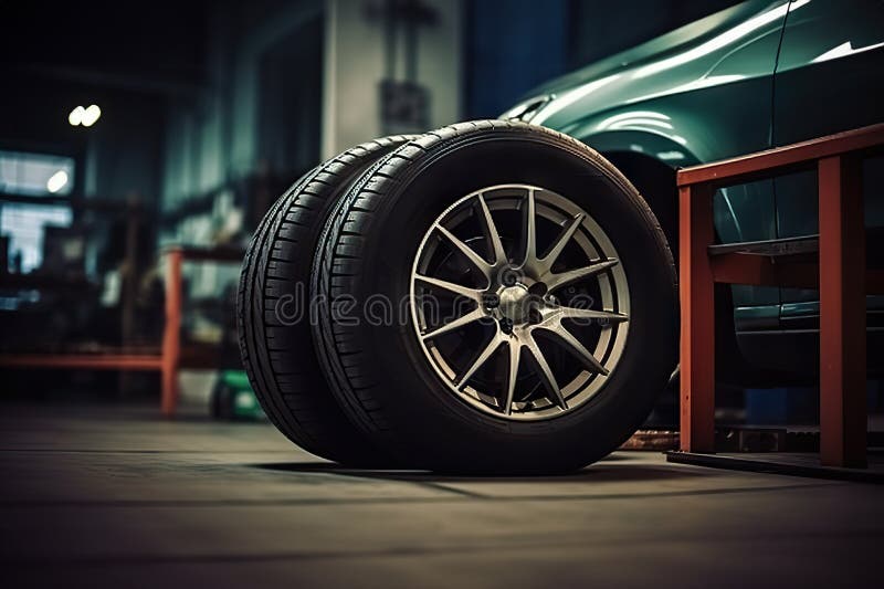 Expert Mechanics at Work Changing New Tires and Wheels in a Garage ...