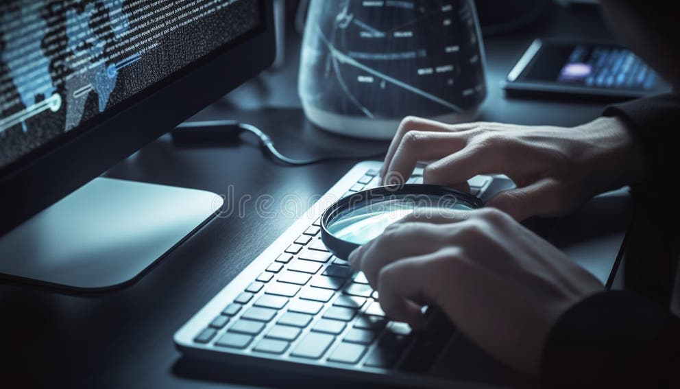 Expert Programmer Analyzing Data on Illuminated Desktop Computer at Night Generated by AI Stock ...