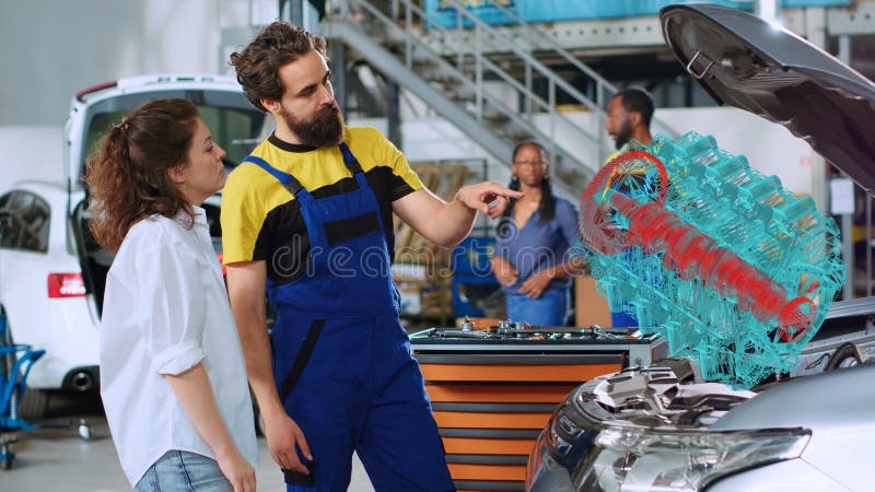 Mechanic Shows Client Car Engine in AR Stock Image - Image of customer ...