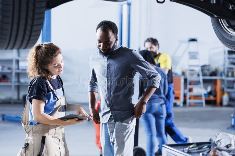 Expert Shows Client Car Checkup Steps Stock Image - Image of equipment ...