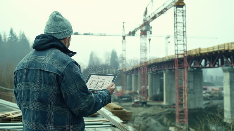 Expert Structural Engineer Reviewing Urban Bridge Project Plans on ...