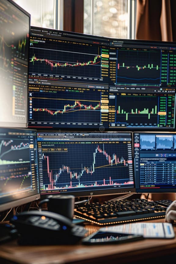 Expert Trader Analyzes Candlestick Chart on Multi-monitor Setup for ...