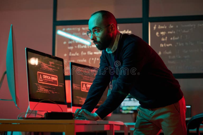 It Expert Using Computer with Red Error Alert Stock Image - Image of ...