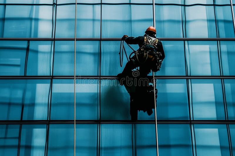Window Washer Cleaning Glass of High-rise Building, Wearing Safety ...