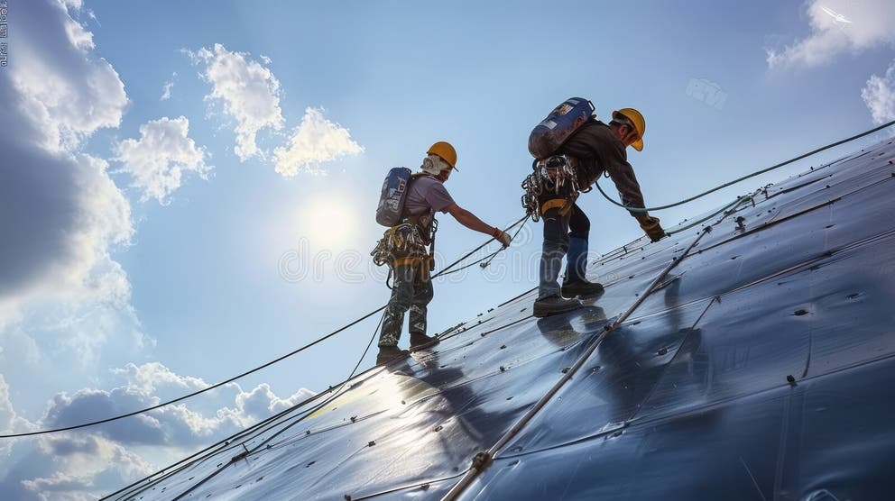 Expert Workers Execute Rope Access Techniques, Clipping into Safety ...