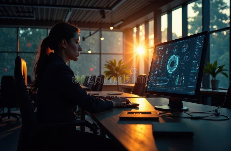 Expert Working on Cybersecurity Solutions in Office at Sunset Stock ...