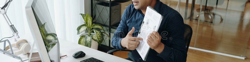 Explaining Presentation during Office Video Conference Stock Photo ...