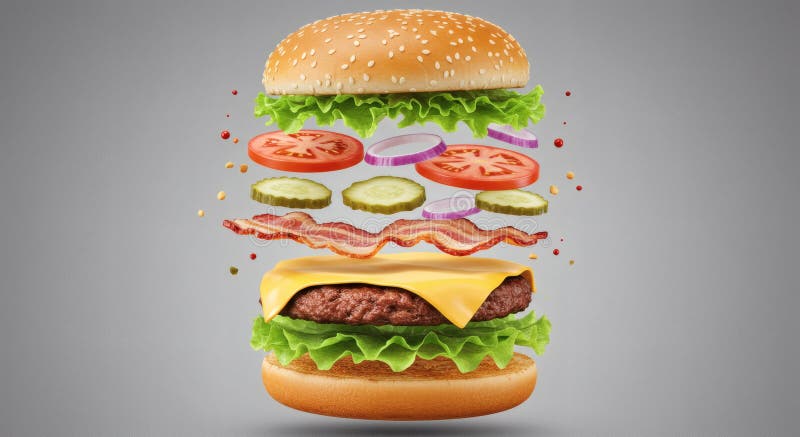 Exploded Burger Arrangement with Toppings Floating on Grey Background ...